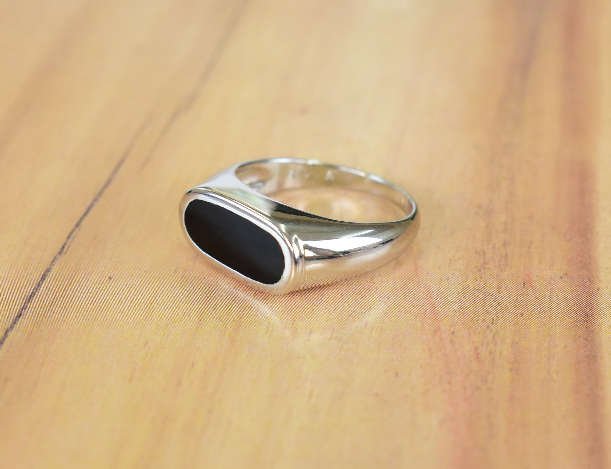 Silver Signet Ring Black Onyx Ring Flat Silver Ring Inlay | Etsy