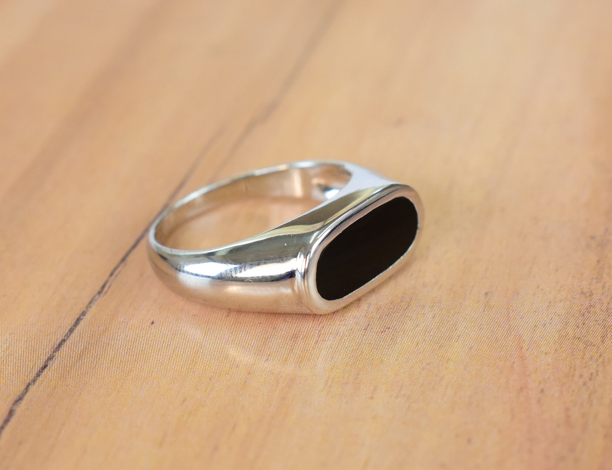 Silver Signet Ring Black Onyx Ring Flat Silver Ring Inlay | Etsy