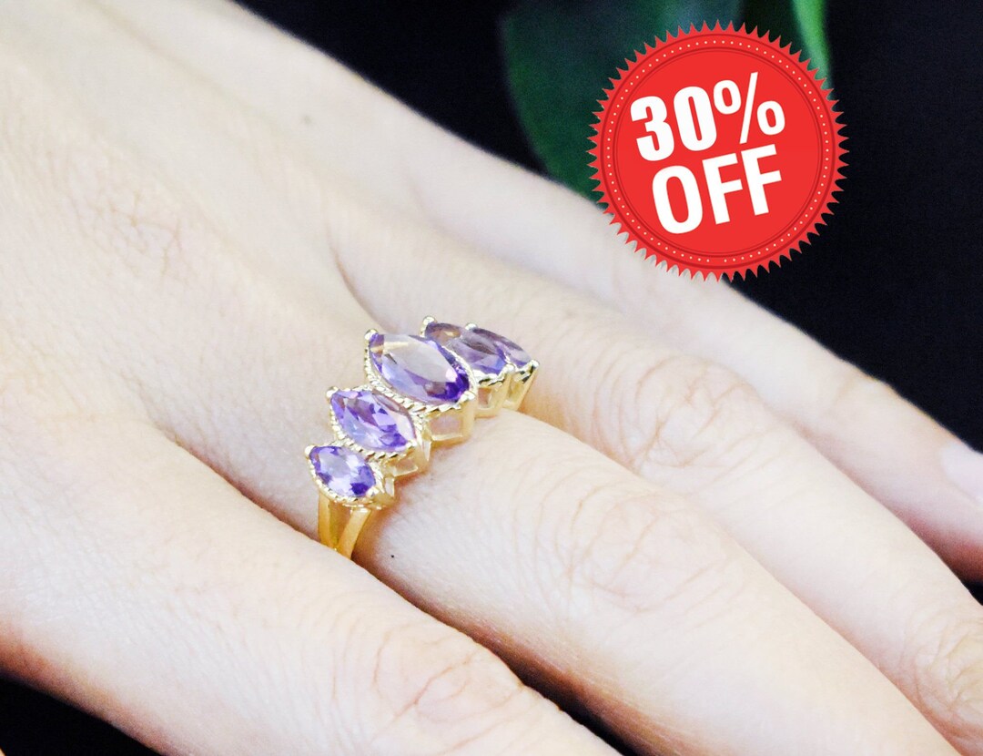 Amethyst MARQUISE Multiple Stone Ring, Solid Silver Band Ring, February ...