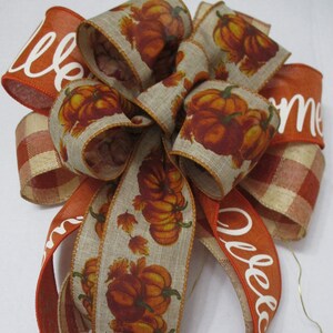10" Thankful Rustic Pumpkin Bow on Check OR Welcome Wreath Bow - Etsy