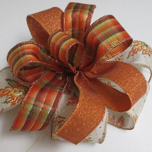 8" Autumn Leaves Bow - With Plaid and Copper Highlights - Short Tailed ...