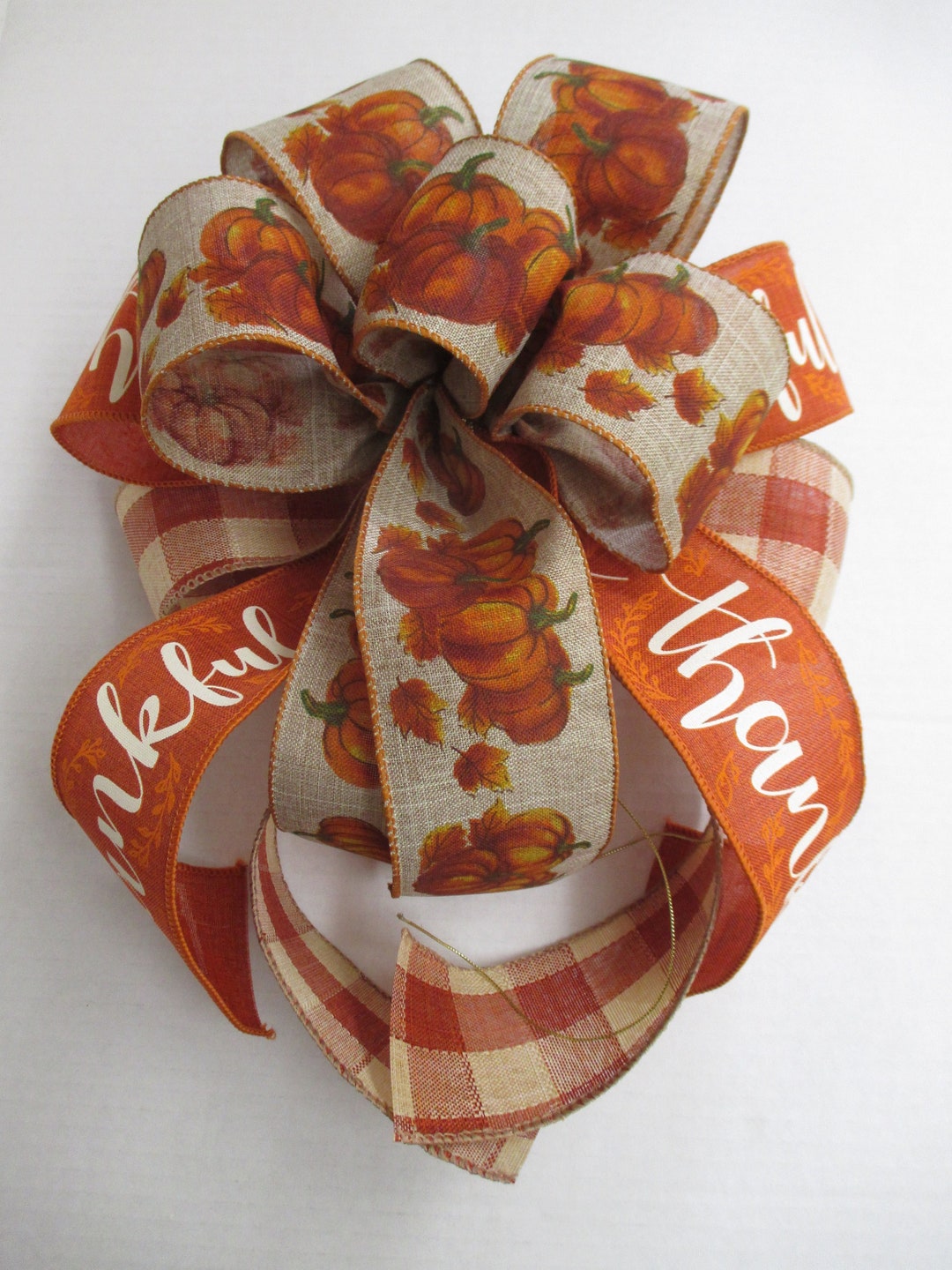 10" Thankful Rustic Pumpkin Bow on Check OR Welcome Wreath Bow - Etsy