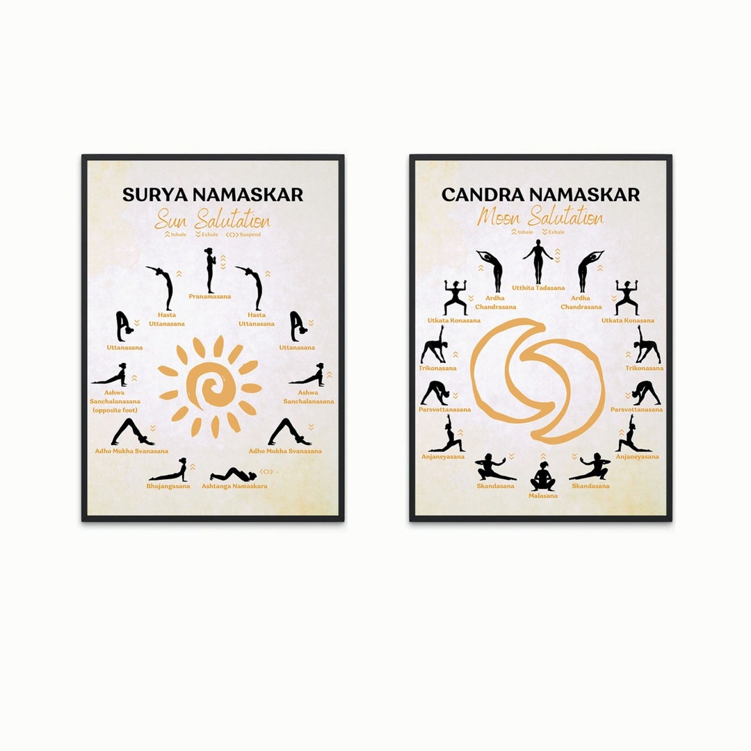 Sun & Moon Salutation Yoga Posters, Chandra Namaskar, Yoga Poses Print ...