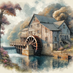 Vintage Watermill Riverside Retreat - Instant Download Watercolor ...