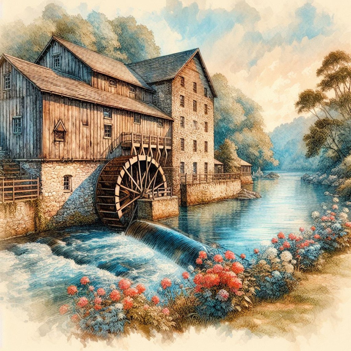 Vintage Watermill Riverside Retreat - Instant Download Watercolor ...