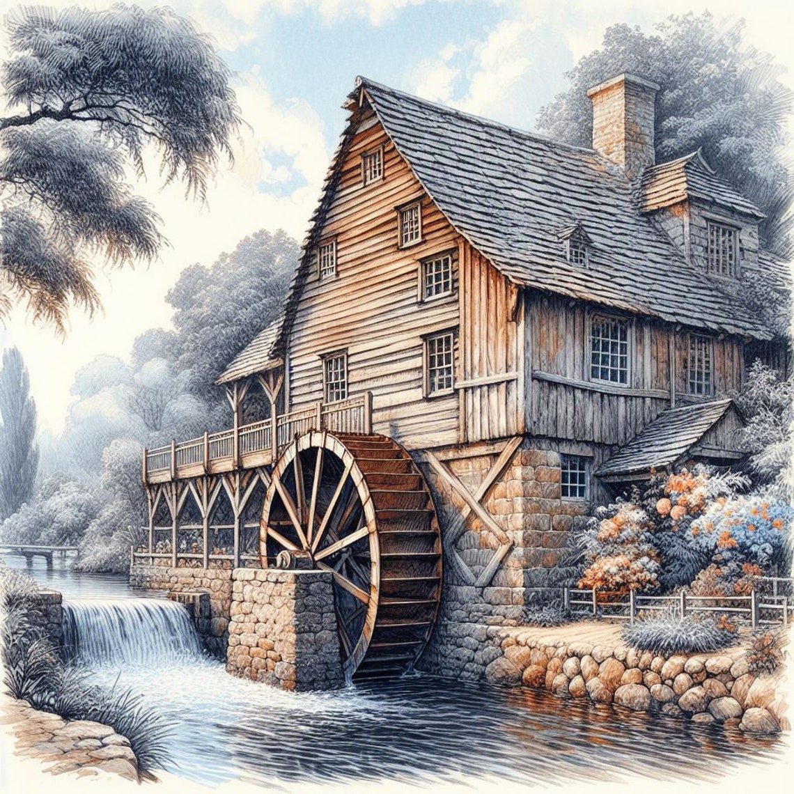 Vintage Watermill Riverside Retreat - Instant Download Watercolor ...
