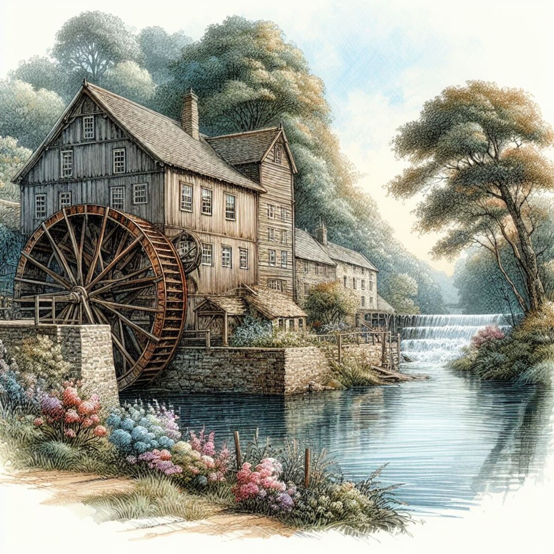 Vintage Watermill Riverside Retreat - Instant Download Watercolor ...