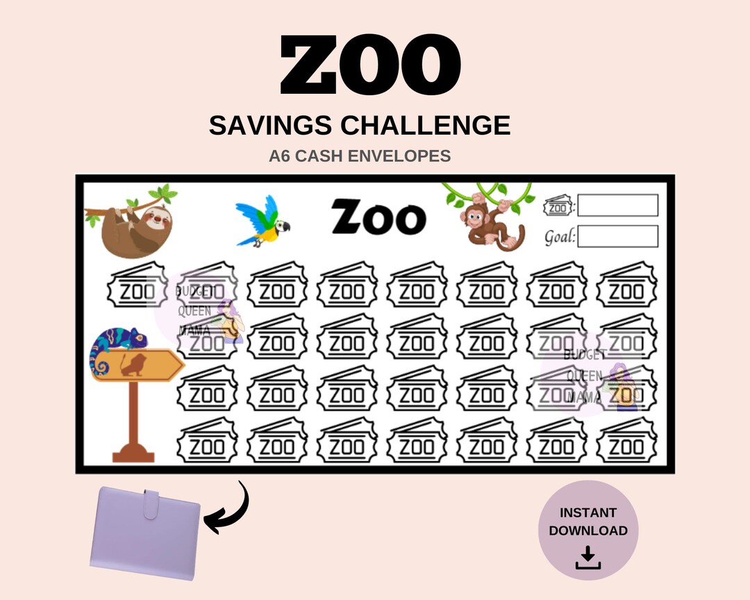 Zoo Savings Challenge - Vacation Savings Tracker for A6 Cash Envelopes ...