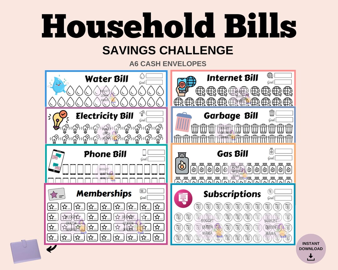 Household Bills Tracker - Household Bills Savings Challenge - Household ...