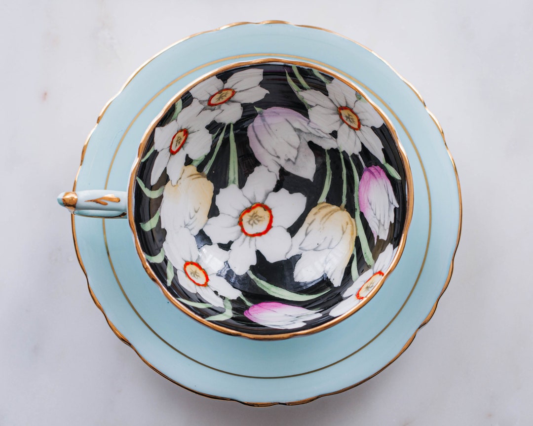 Vintage Paragon Blue Daffodils and Tulips Black Background Tea Cup and ...