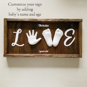 Baby Hand and Feet Casting - LOVE Wood Sign- Baby Hand Print and ...
