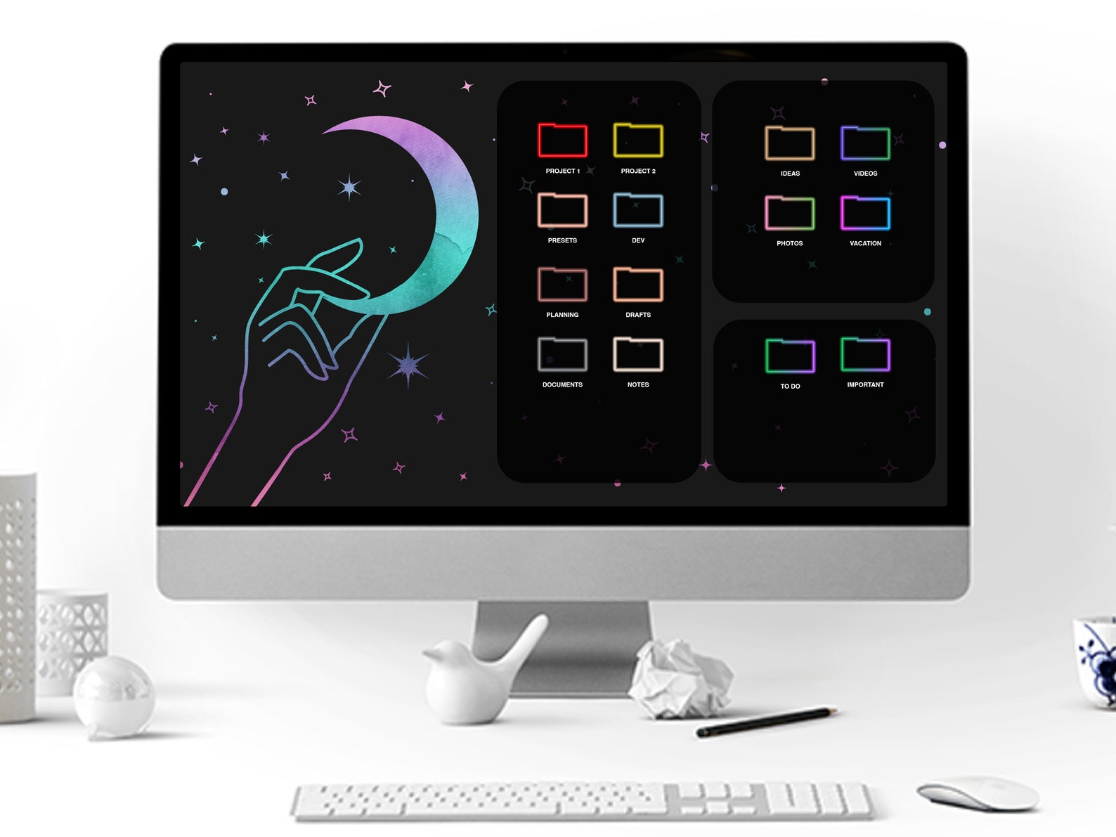 Vibrant Neon Rainbow Desktop Wallpaper Organizer With 30 Neon Moon ...