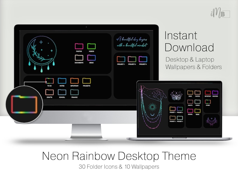 Vibrant Neon Rainbow Desktop Wallpaper Organizer With 30 Neon - Etsy