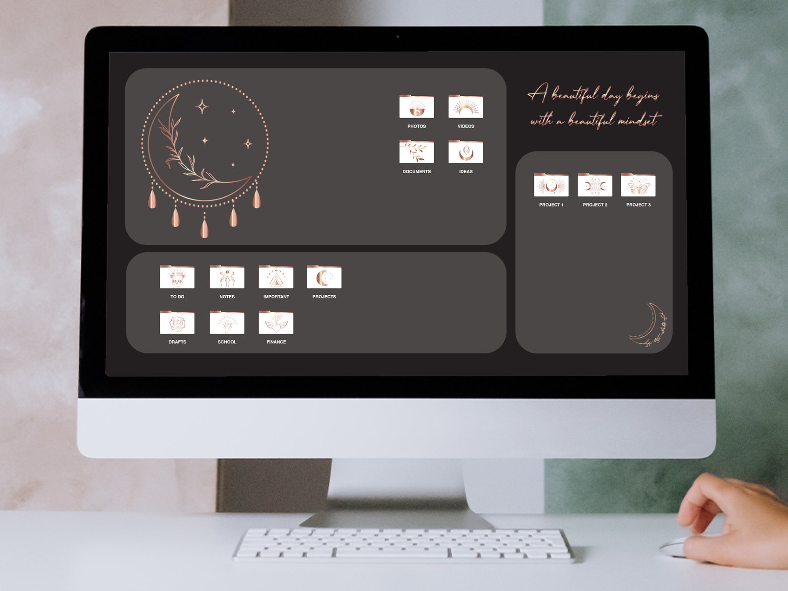 Rose Gold Moon Desktop Theme: Boho Wallpaper & Folder Icons (digital ...
