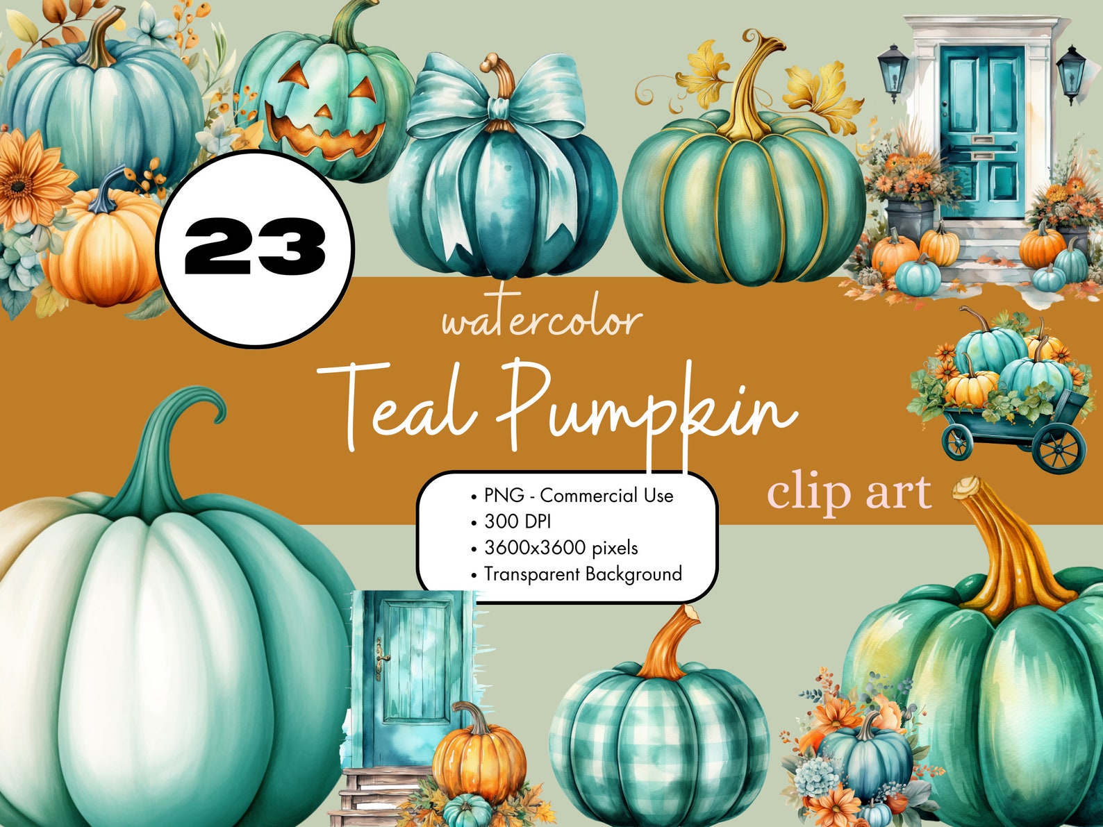 23 Teal Pumpkins Halloween Watercolor Clipart PNG Sublimation Bundle ...