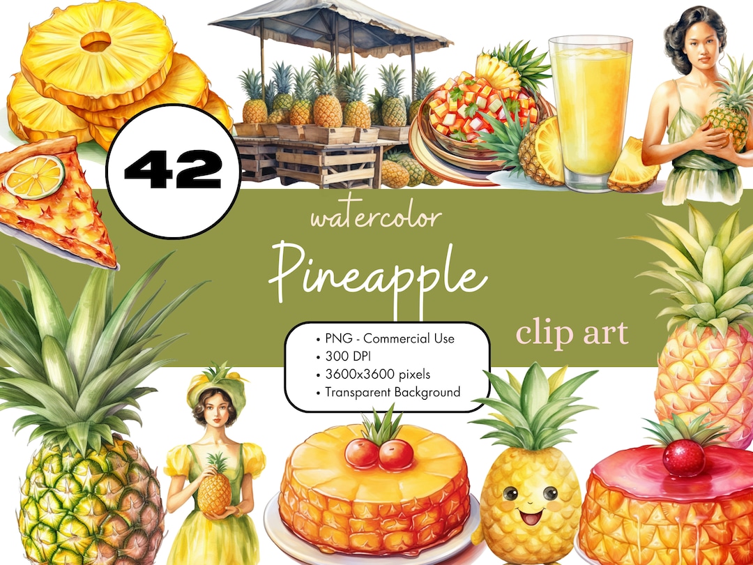 42 Pineapple Watercolor Clipart Sublimation Bundle PNG Commercial Use ...