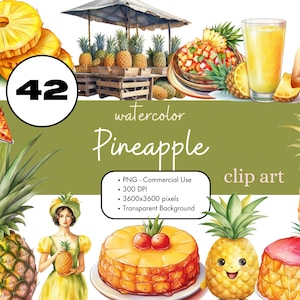 42 Pineapple Watercolor Clipart Sublimation Bundle PNG Commercial Use ...