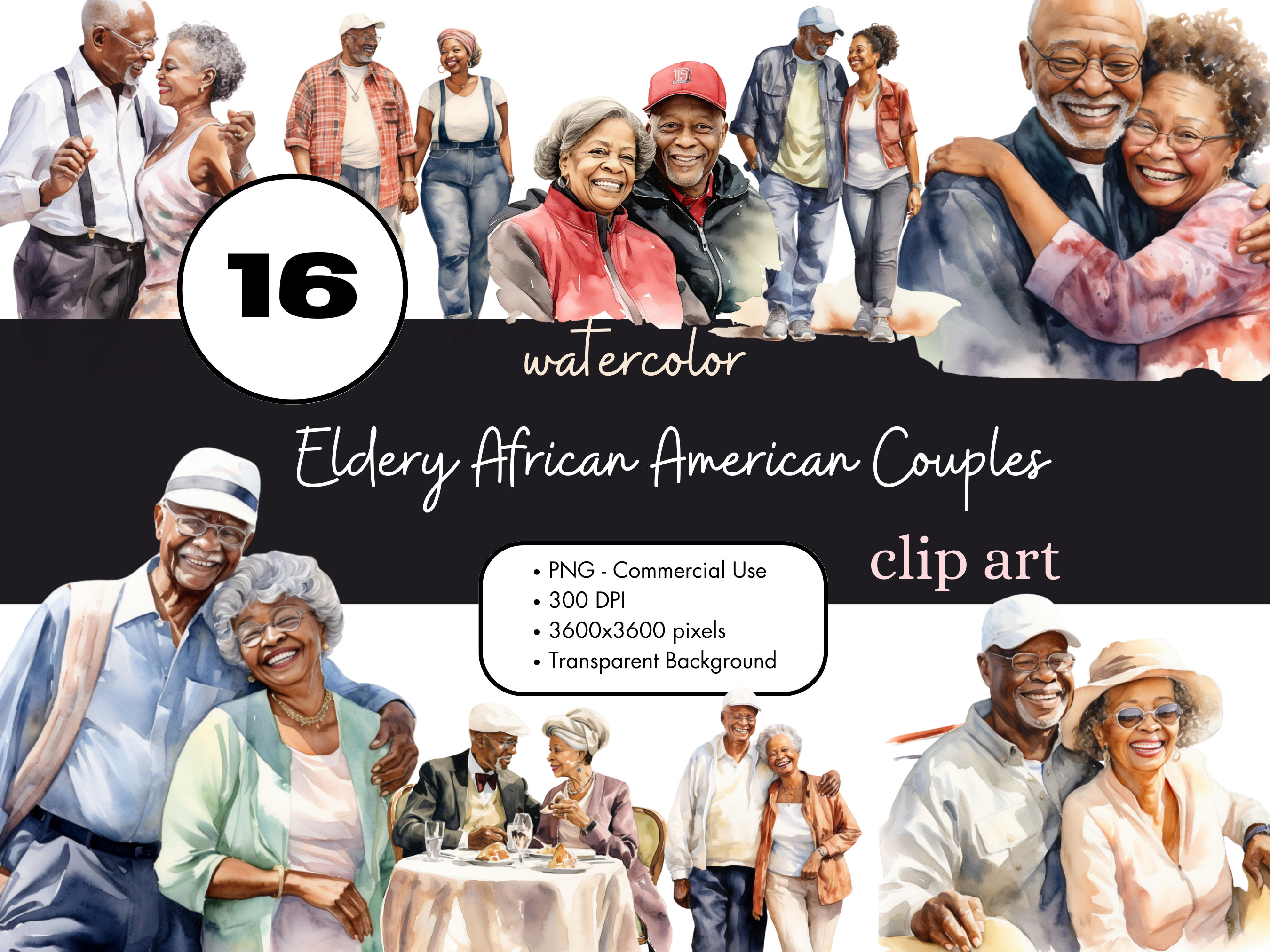 16 Elderly Black Couple Clipart Bundle African American Retirement PNG ...