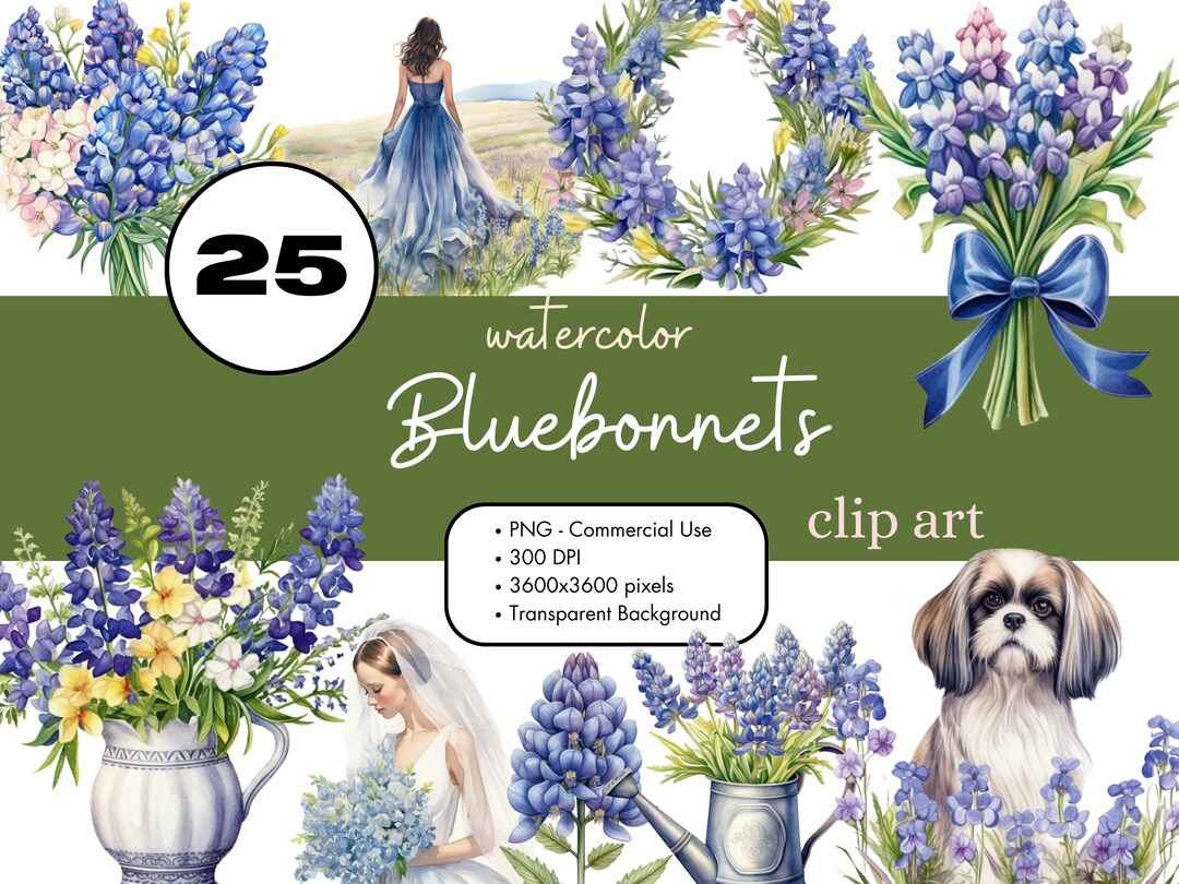 25 Bluebonnet Wildflowers Watercolor Clipart Sublimation Bundle PNG ...