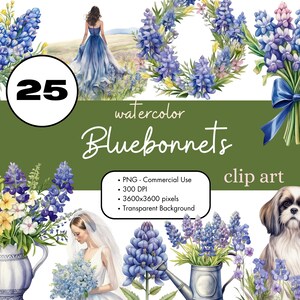 25 Bluebonnet Wildflowers Watercolor Clipart Sublimation Bundle PNG ...
