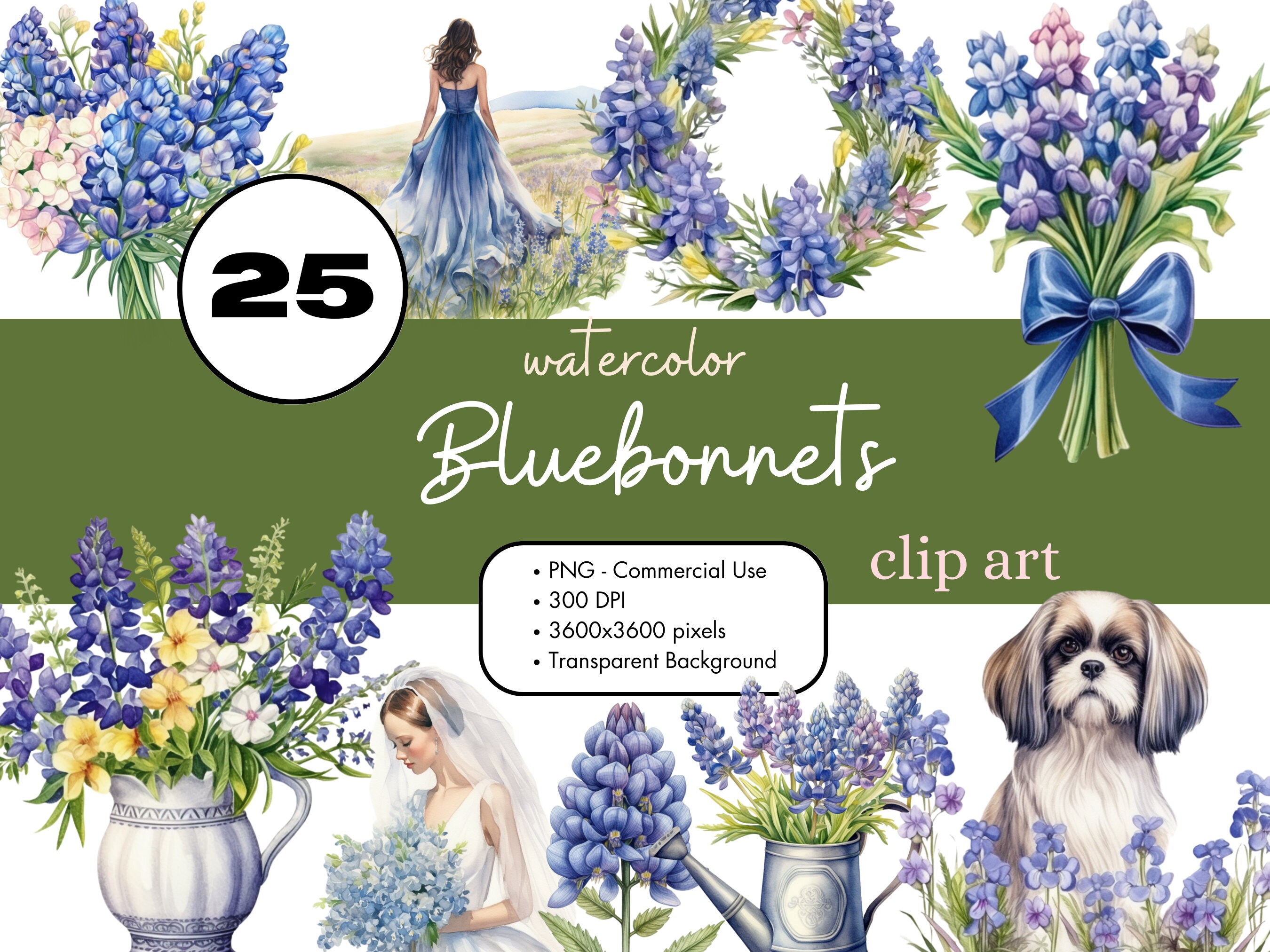 25 Bluebonnet Wildflowers Watercolor Clipart Sublimation Bundle PNG ...