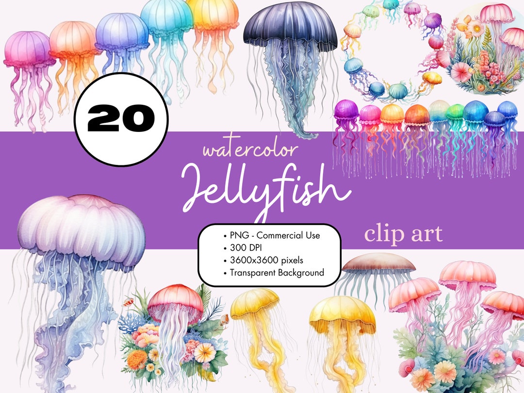 20 Jellyfish Watercolor Clipart PNG Sublimation Bundle Commercial Use ...