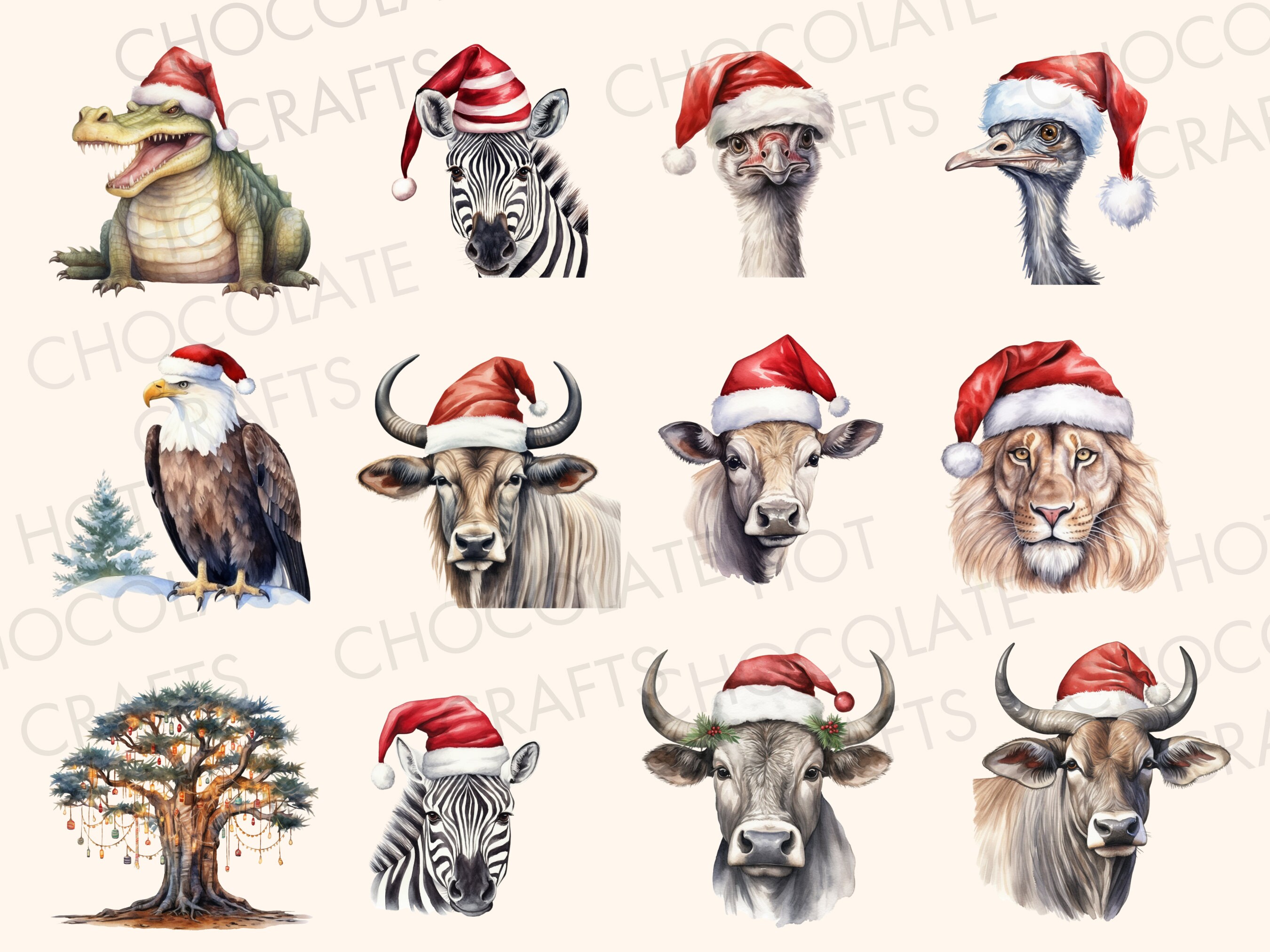 45 Christmas Safari Watercolor Clipart PNG Sublimation Bundle ...