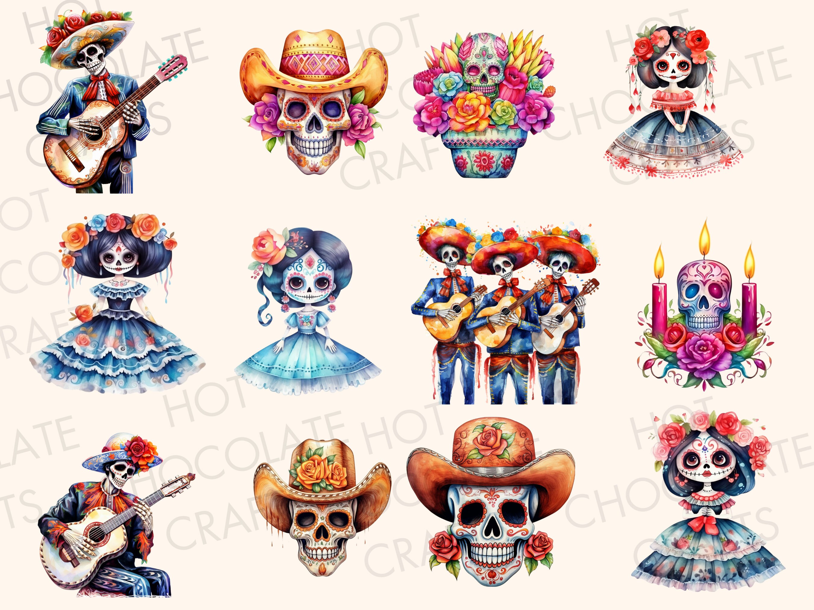 46 Day of the Dead Watercolor Clipart Sublimation Bundle PNG Commercial ...