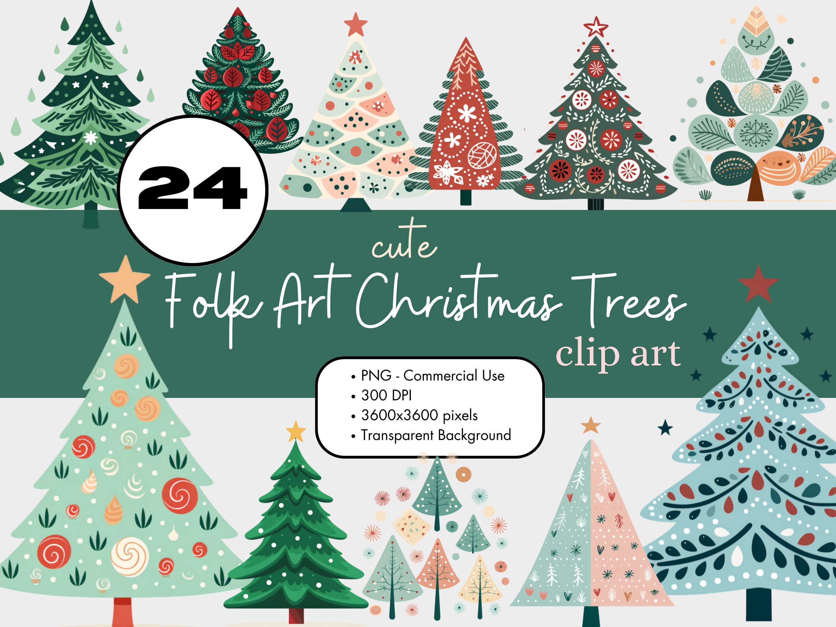 24 Folk Art Christmas Trees Clipart Sublimation Bundle PNG Commercial ...