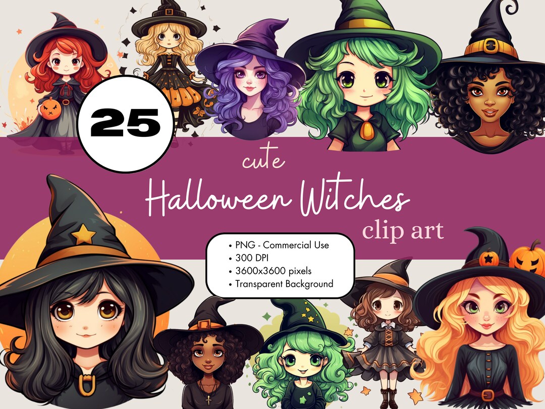 25 Cute Halloween Witches Clipart PNG Sublimation Bundle Commercial Use ...