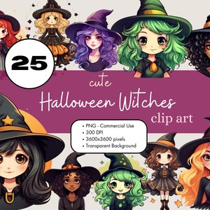 25 Cute Halloween Witches Clipart PNG Sublimation Bundle Commercial Use ...