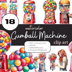 18 Gumball Machine Watercolor Clipart PNG Sublimation Bundle Commercial ...