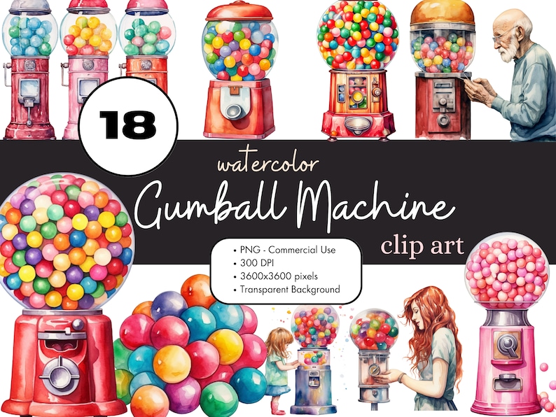 18 Gumball Machine Watercolor Clipart PNG Sublimation Bundle Commercial ...