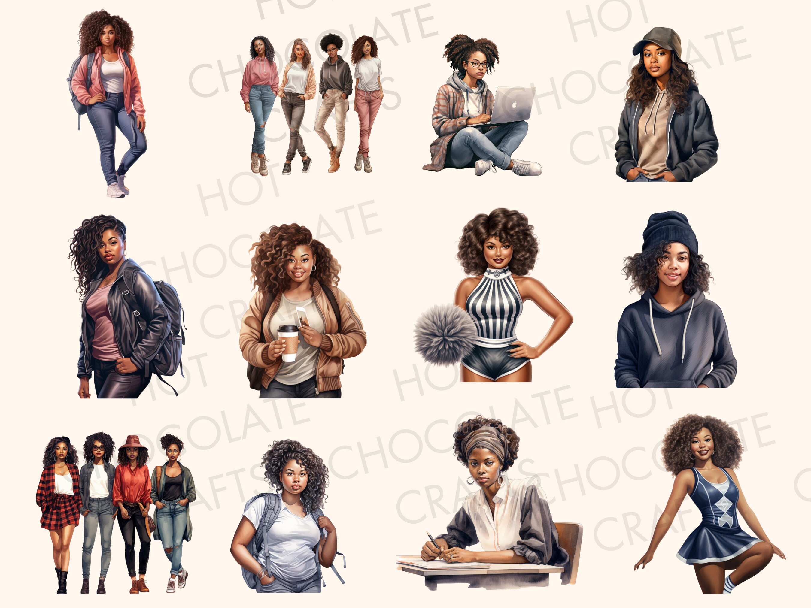 24 Black College Girls Clipart Bundle, African American Women PNG ...