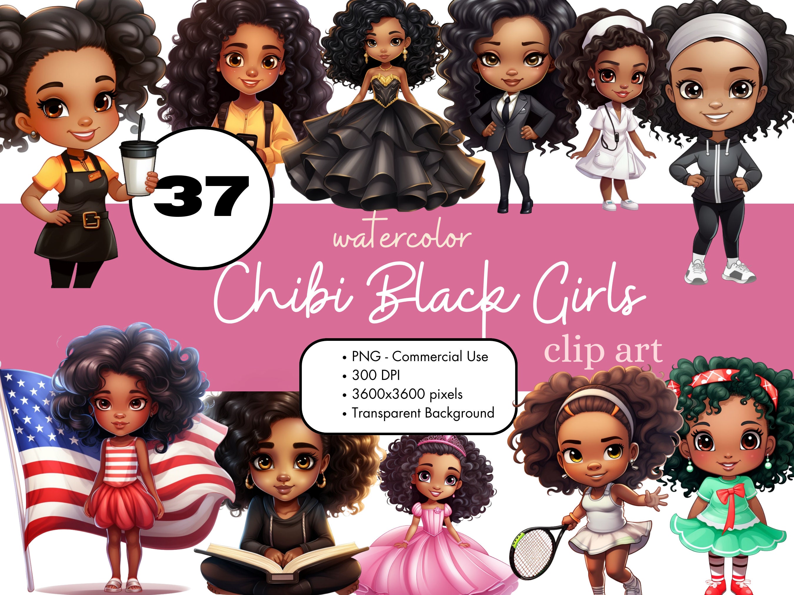 37 Chibi Black Girls Clipart Bundle, African American Women PNG ...