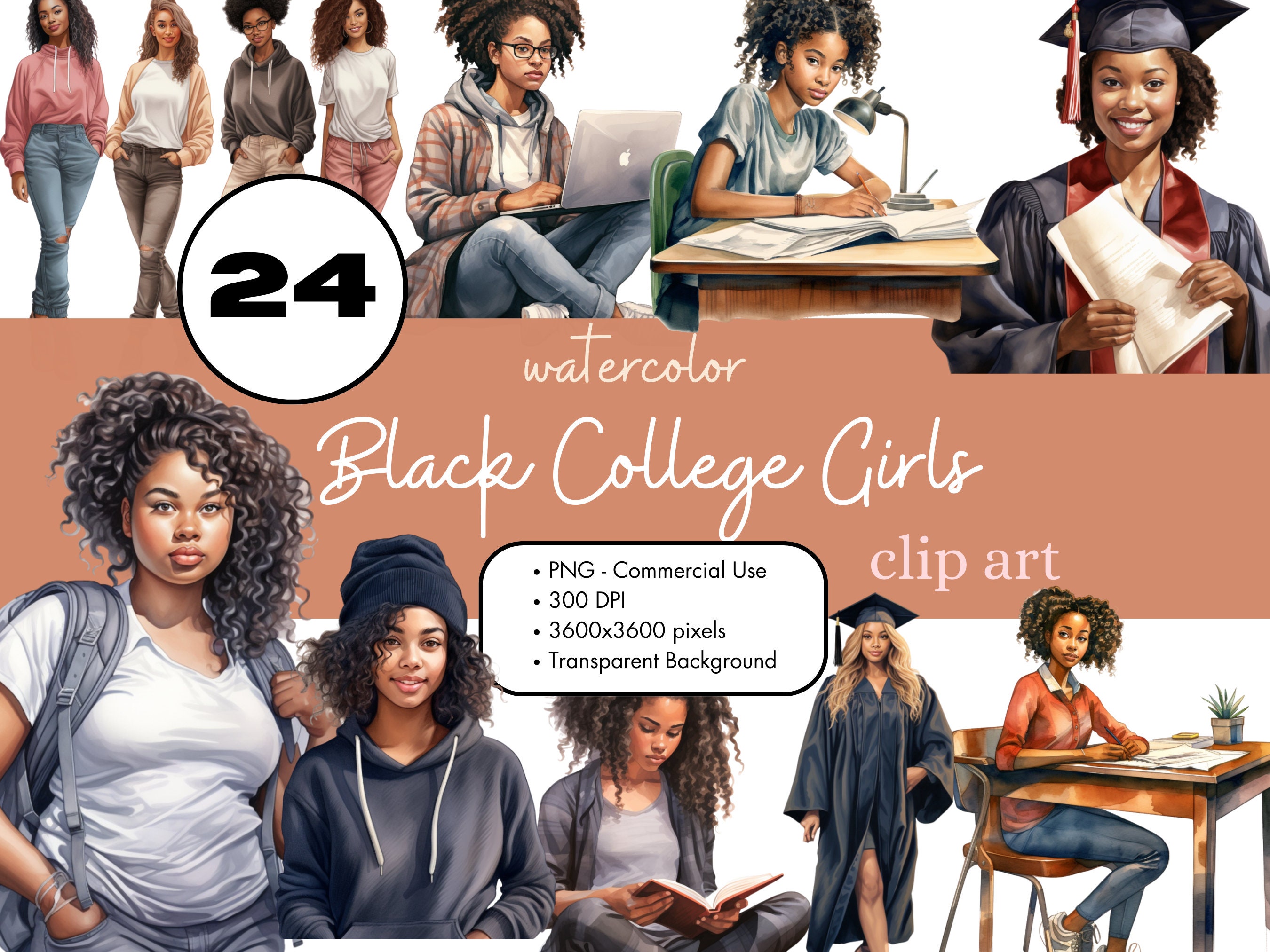 24 Black College Girls Clipart Bundle, African American Women PNG ...