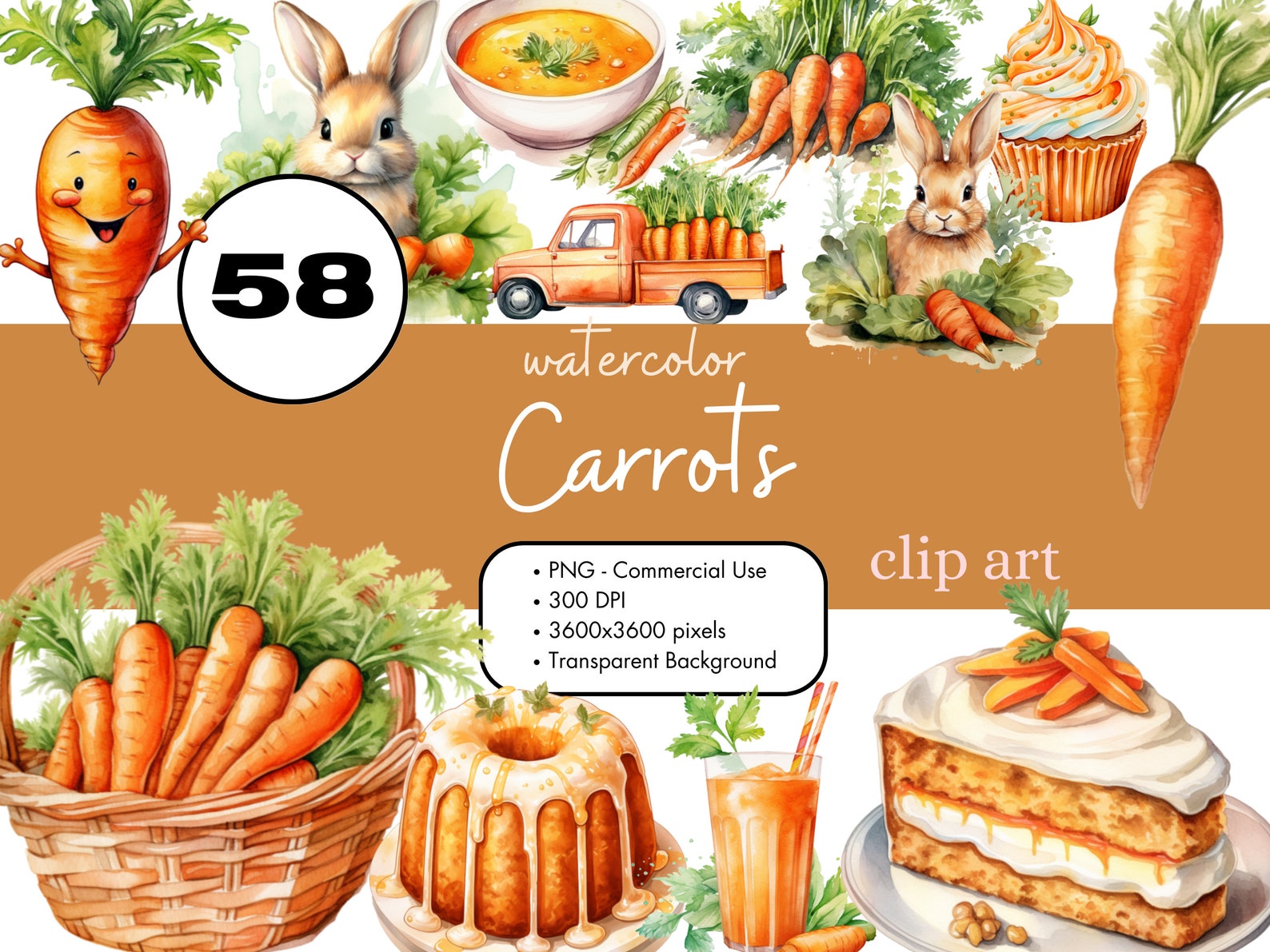 58 Carrots Watercolor Clipart Sublimation Bundle PNG Commercial Use ...