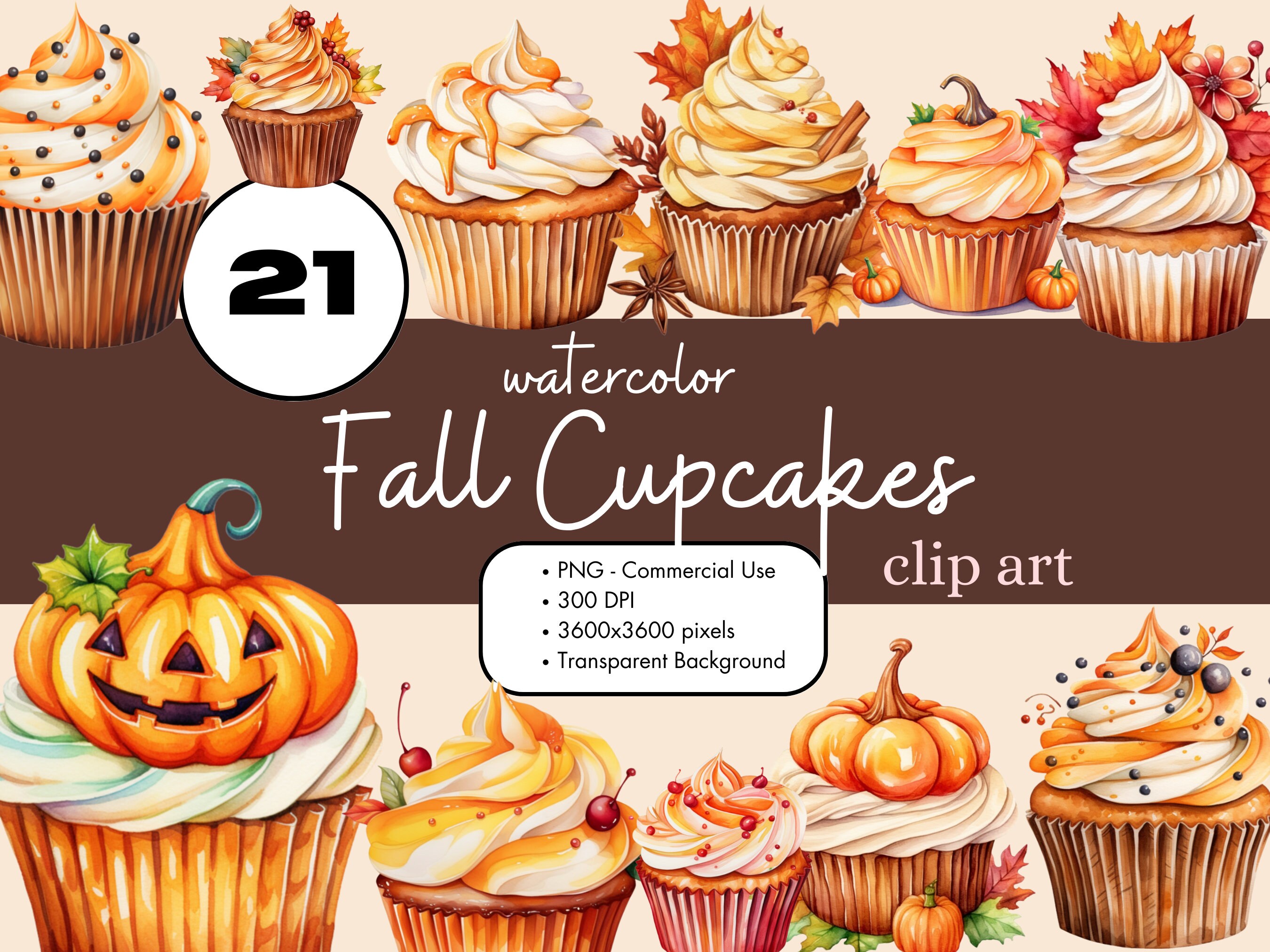 21 Fall Cupcakes Autumn Watercolor Clipart PNG Sublimation Bundle ...