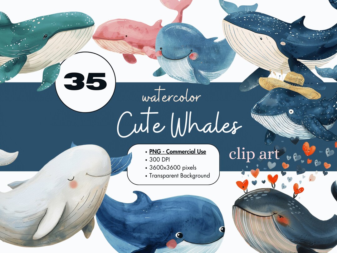 35 Cute Whales Watercolor Clipart Sublimation Bundle PNG Commercial Use ...