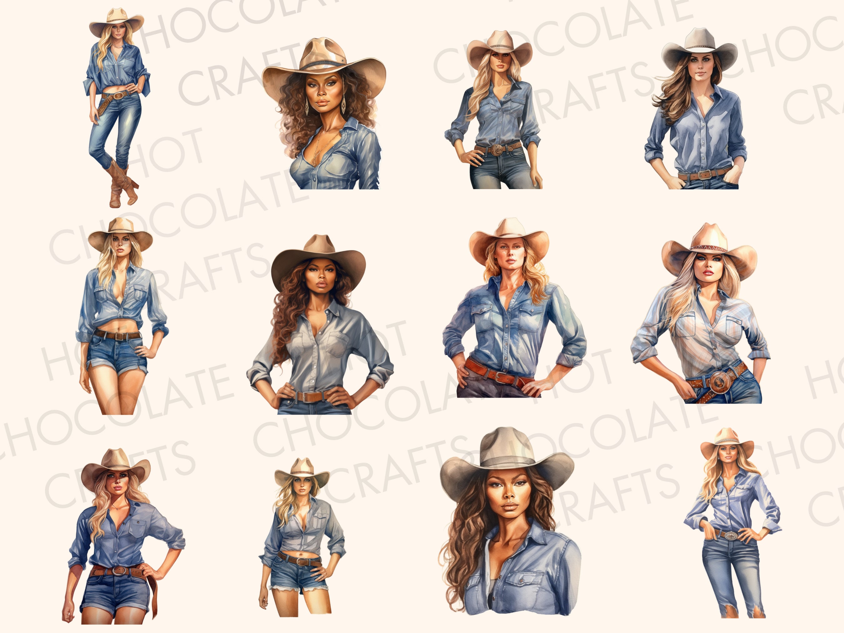 33 Cowgirls Watercolor Clipart Sublimation Bundle PNG Commercial Use ...