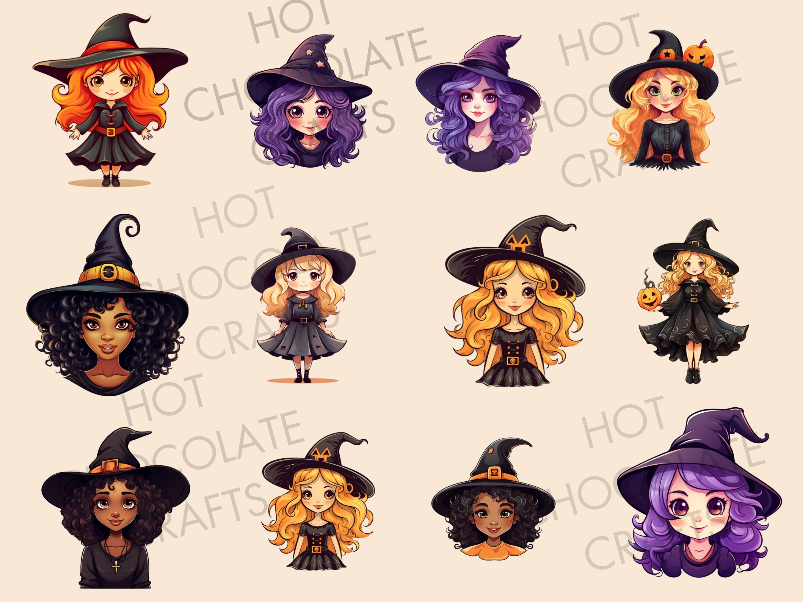 25 Cute Halloween Witches Clipart PNG Sublimation Bundle Commercial Use ...