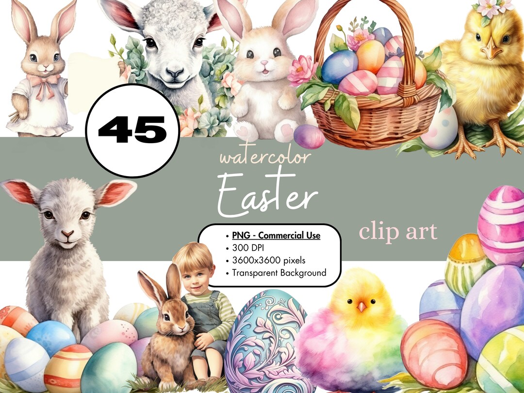 45 Easter Watercolor Clipart Sublimation Bundle PNG Commercial Use ...