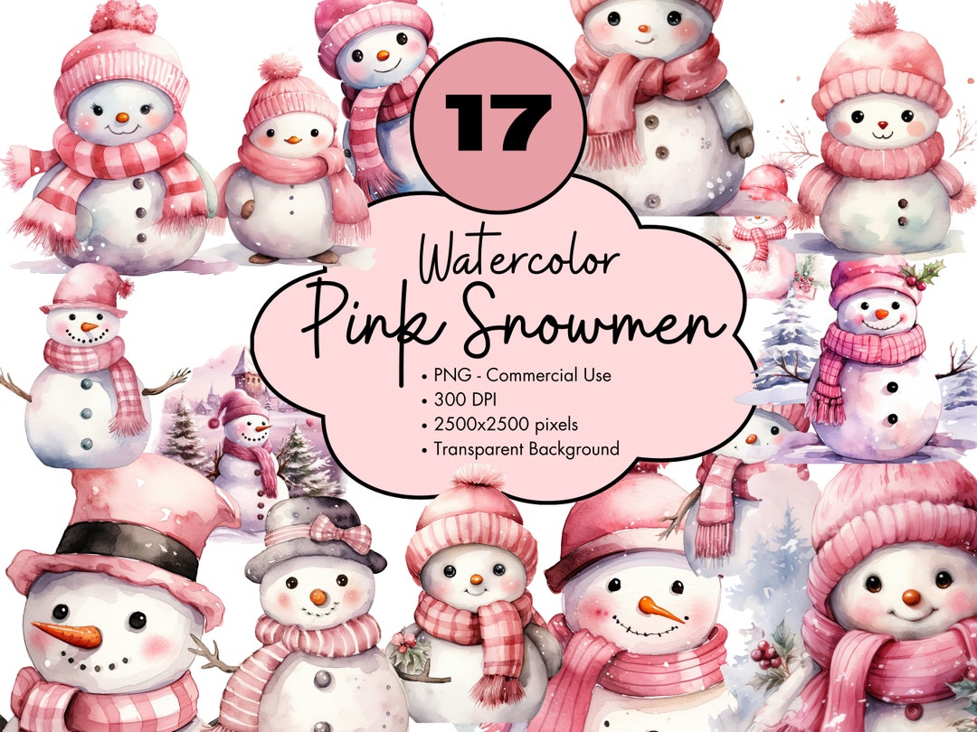 17 Pink Snowman Watercolor Cute Clipart Christmas Design Elements ...