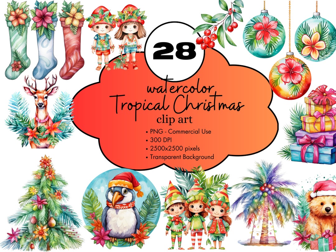 28 Tropical Christmas Watercolor Cute Clipart Santa Gifts Design ...