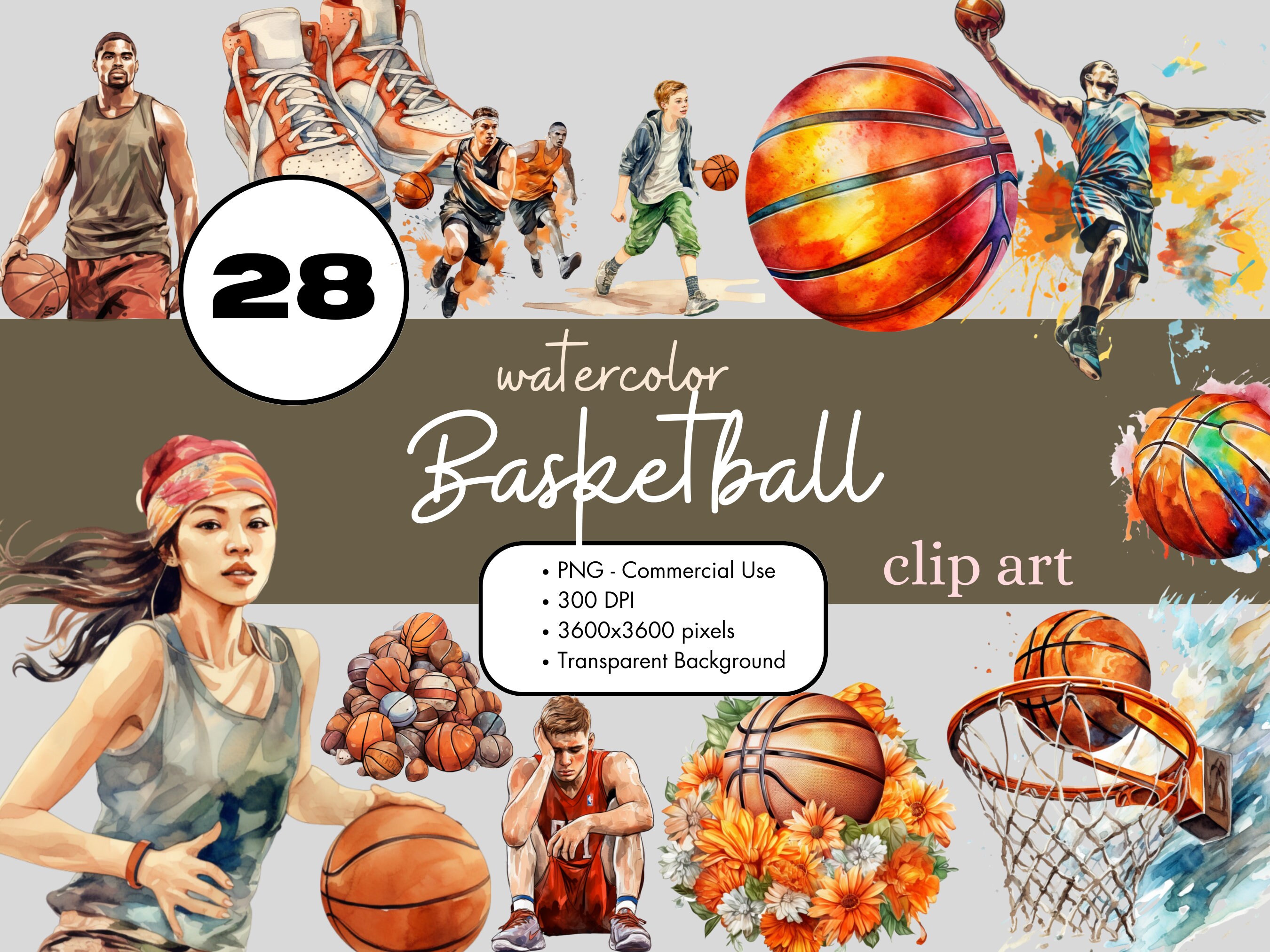 28 Basketball Watercolor Clipart PNG Sublimation Bundle Commercial Use ...