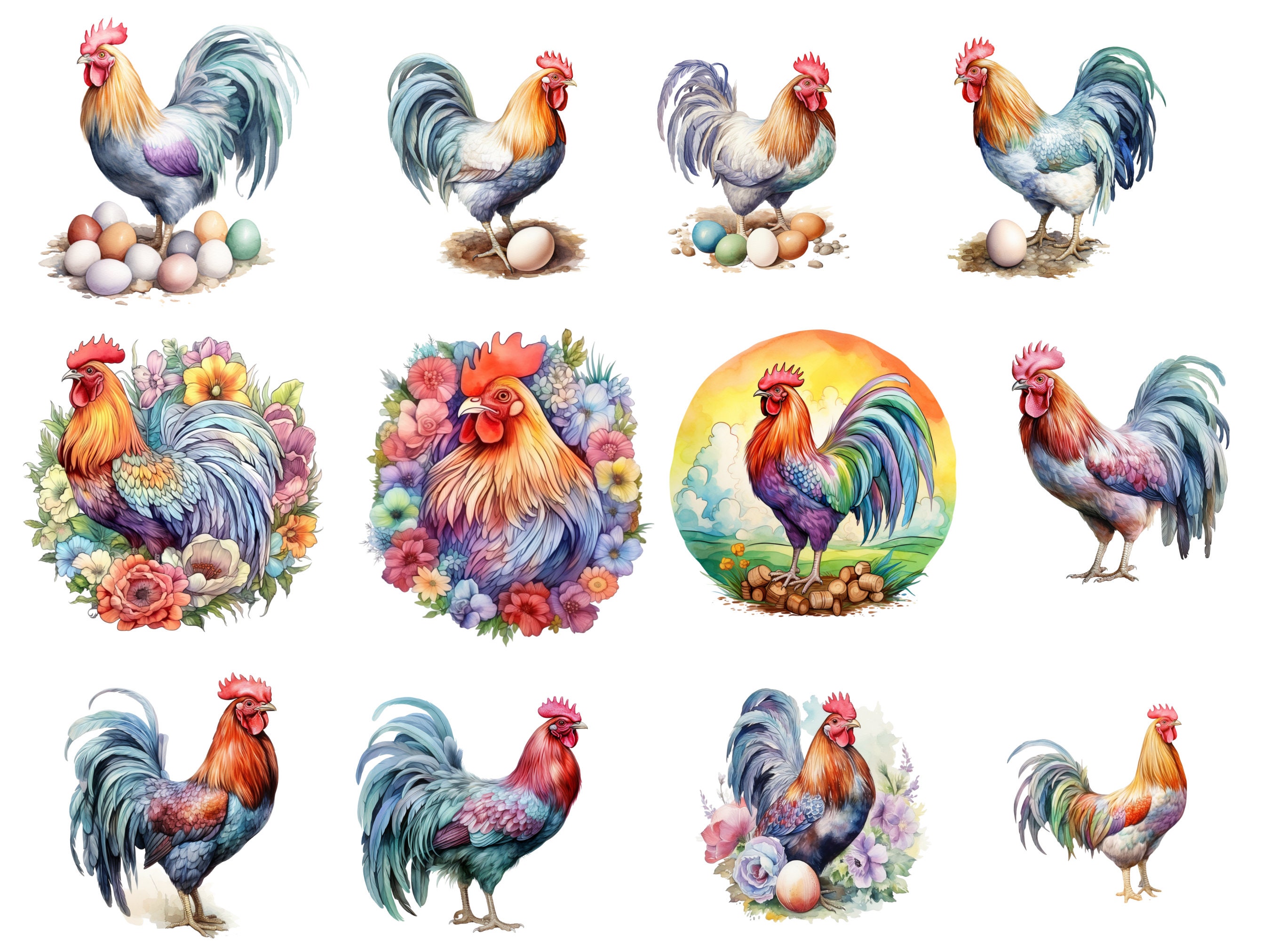 23 Rooster Watercolor Clipart Sublimation Design Elements Bundle PNG ...