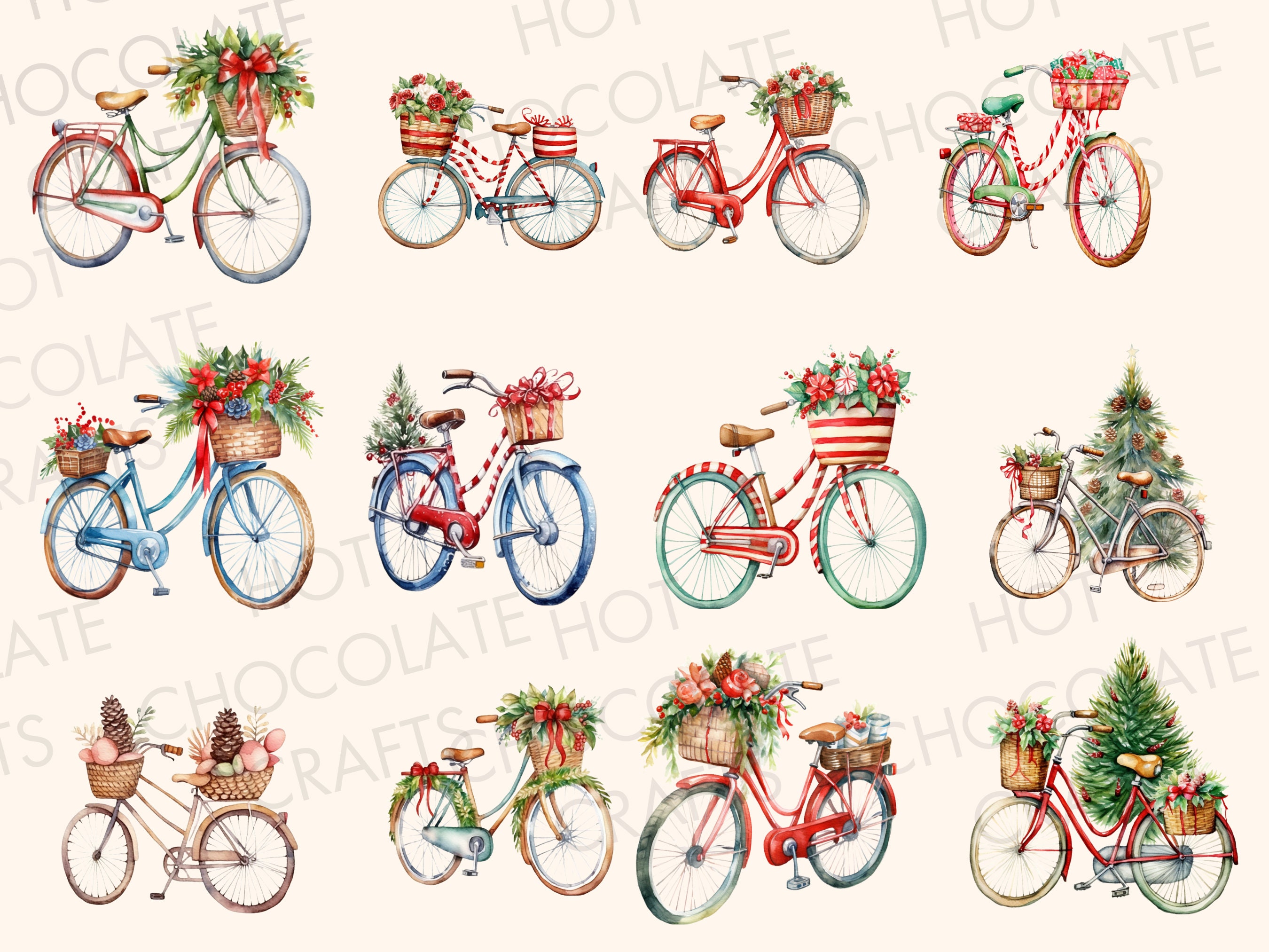 16 Christmas Bicycles Watercolor Clipart Sublimation Bundle PNG ...