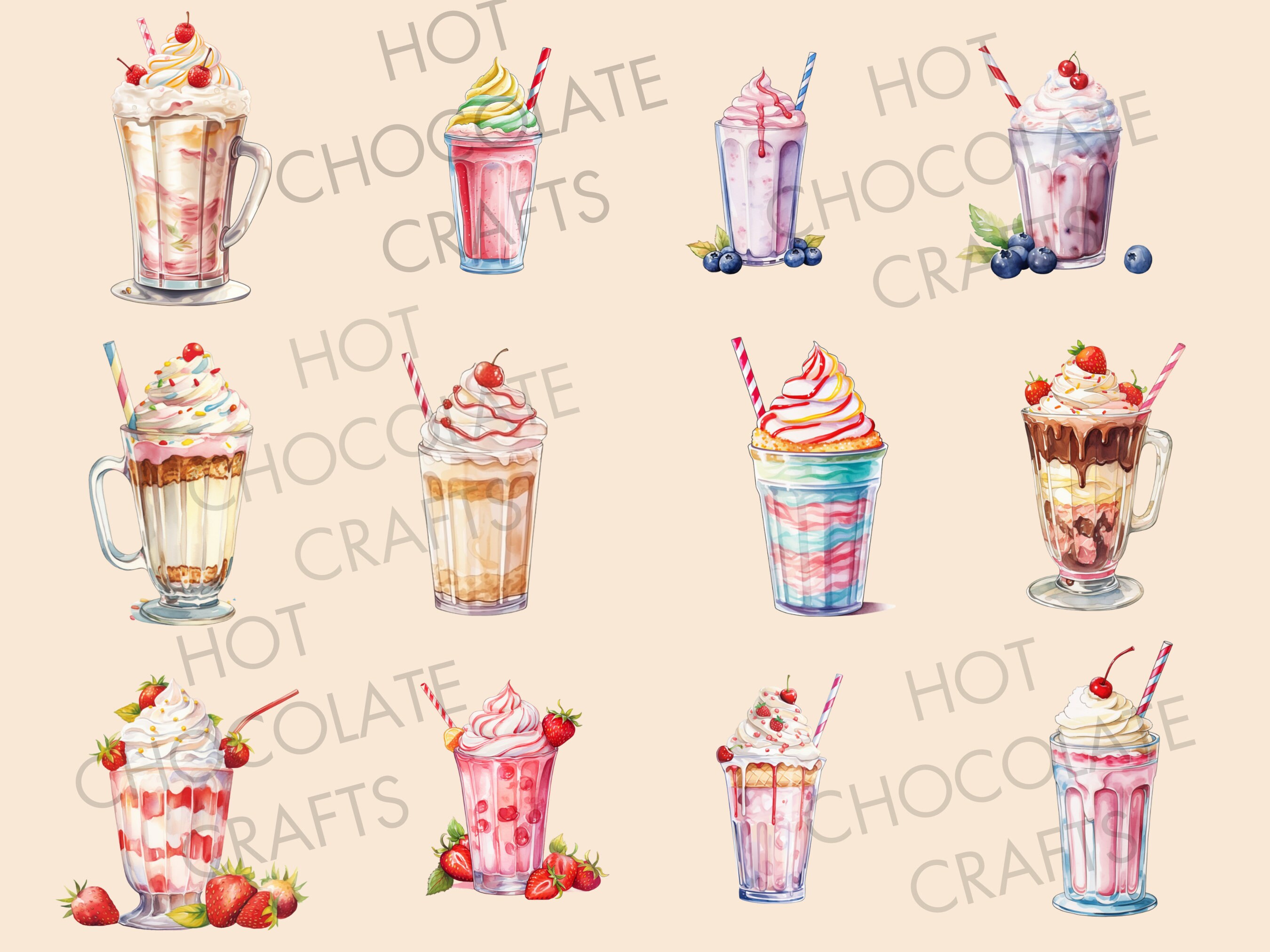 26 Milkshakes Watercolor Clipart PNG Sublimation Bundle Commercial Use ...