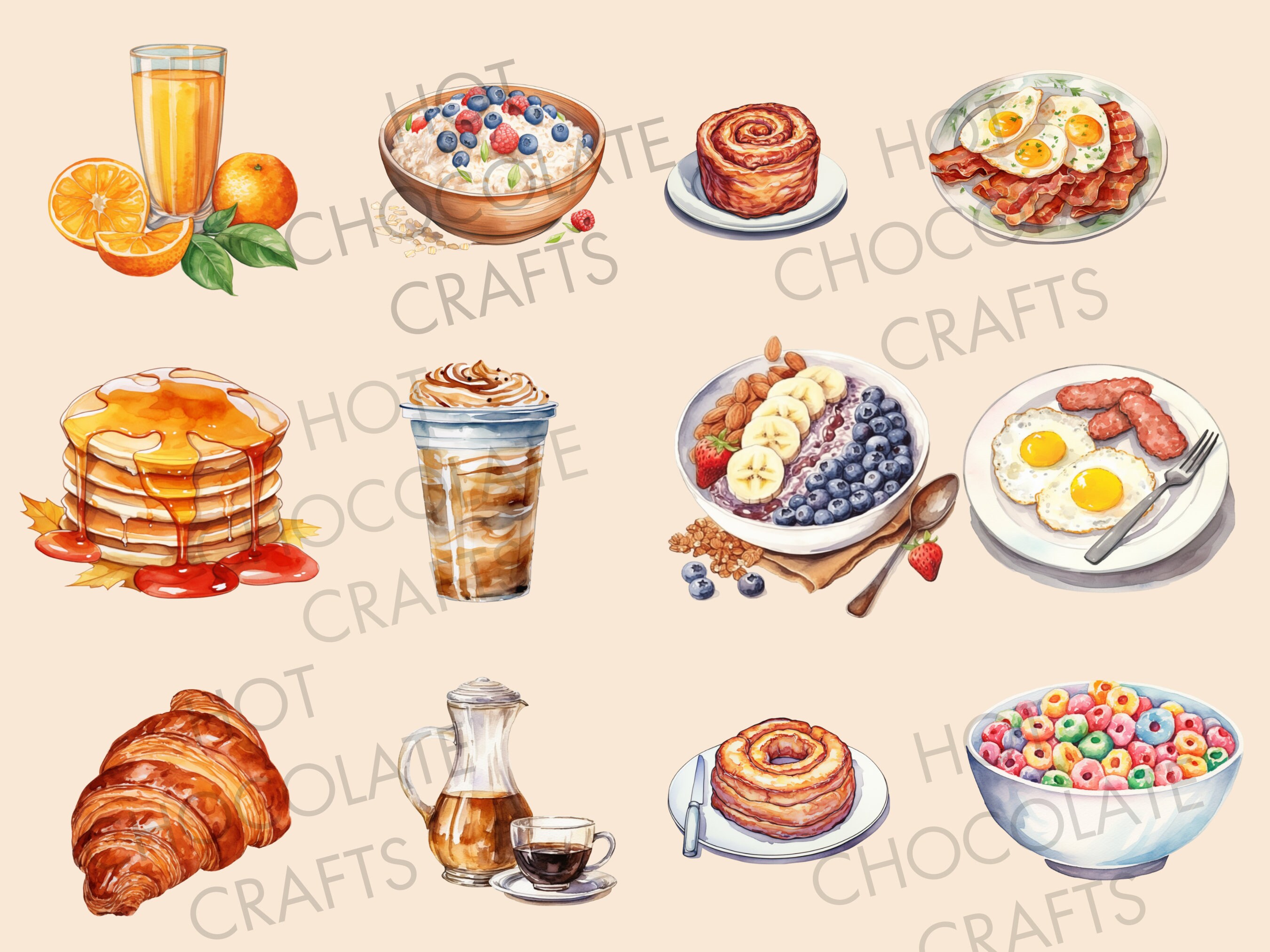37 Breakfast Food Watercolor Clipart PNG Sublimation Bundle Commercial ...