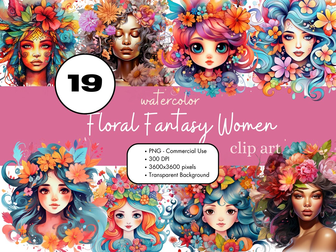 19 Boho Floral Fantasy Women Watercolor Clipart Bundle, PNG Sublimation ...